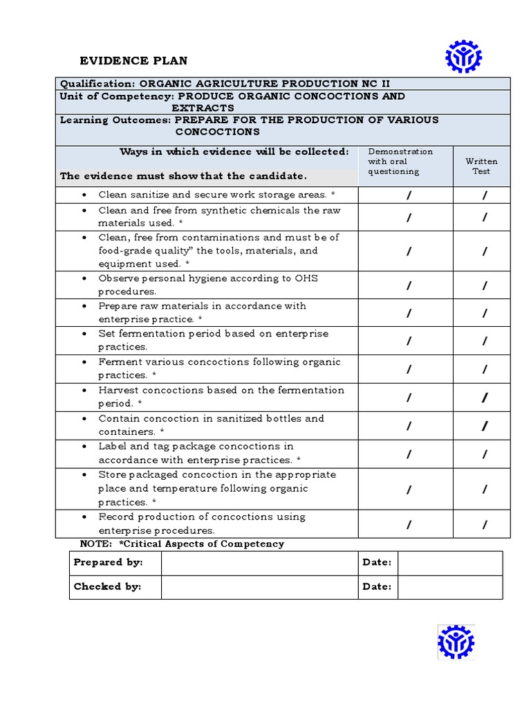 Evidence Plan: Demonstration With Oral Questioning Written Test | PDF ...