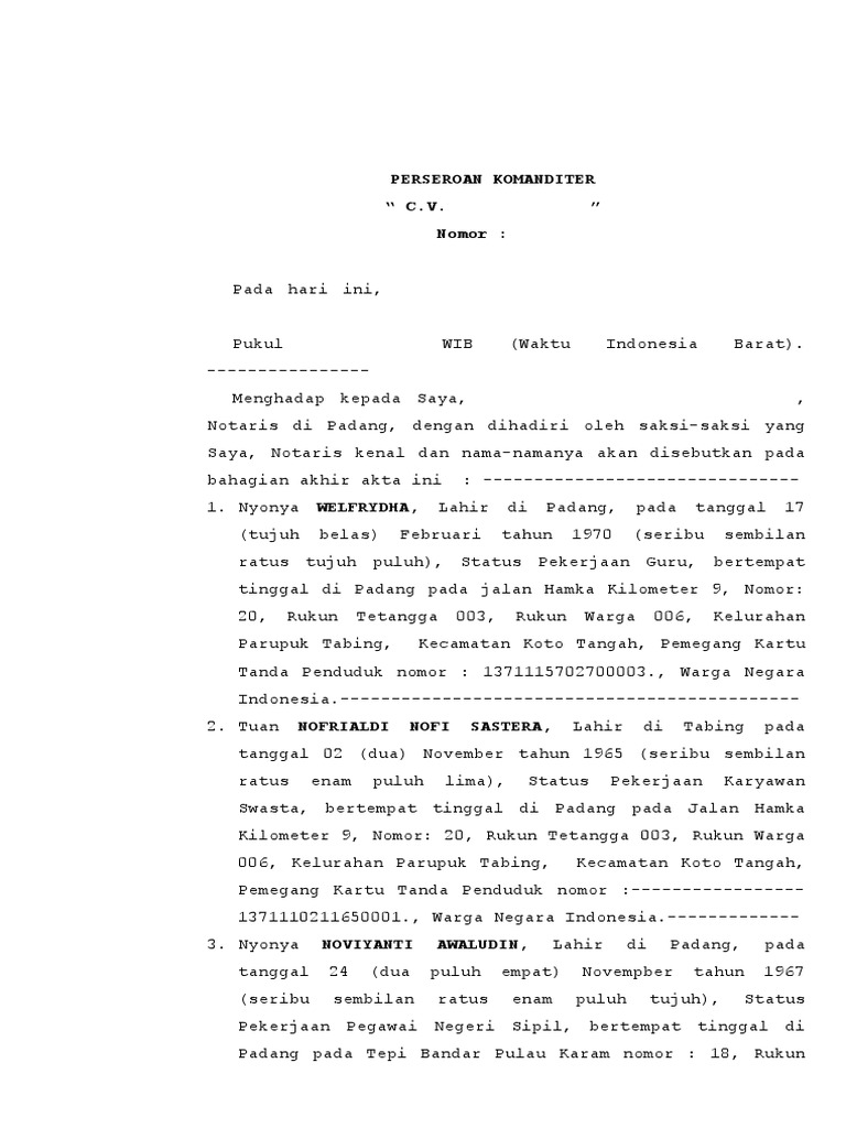 Contoh Akta Pendirian CV | PDF