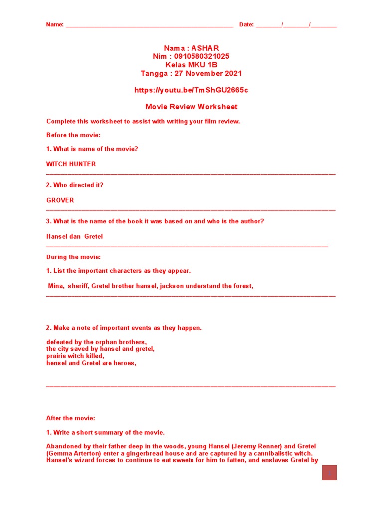 Movie Review Worksheet | PDF | Hansel And Gretel (Opera) | Hansel And ...