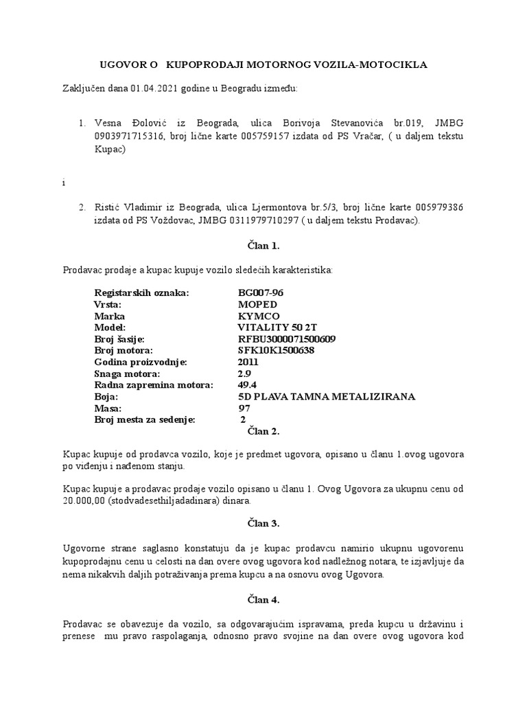 UGOVOR O KUPOPRODAJI MOTORNOG VOZILA Kimco | PDF