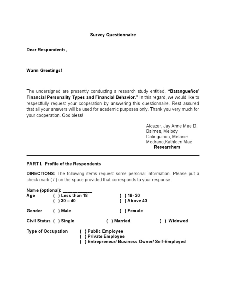 Survey Questionnaire Dear Respondents,: Check Mark On The Space Provided That Corresponds To ...