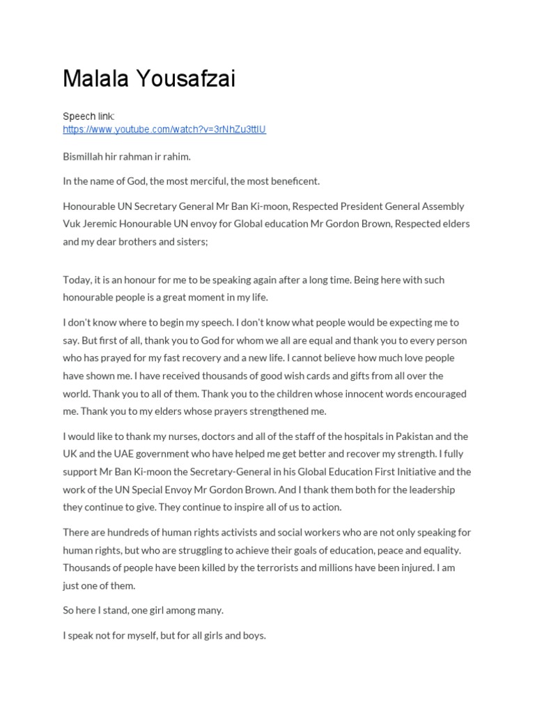Malala Yousafzai: Speech Link | PDF | Malala Yousafzai | Pashtuns