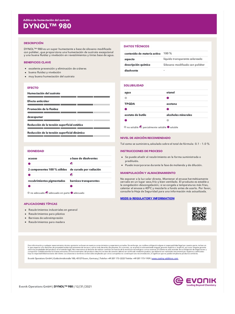Dynol 980 | PDF | Solubilidad | Agua