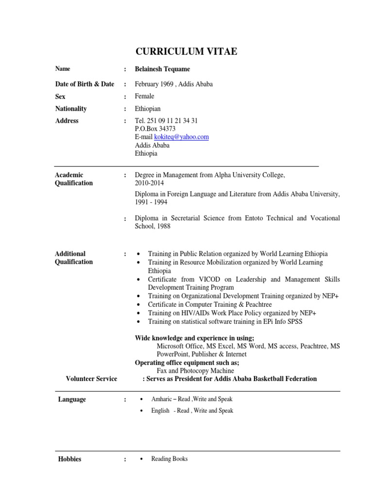 Curriculum Vitae: Amharic - Read, Write and Speak English - Read, Write ...