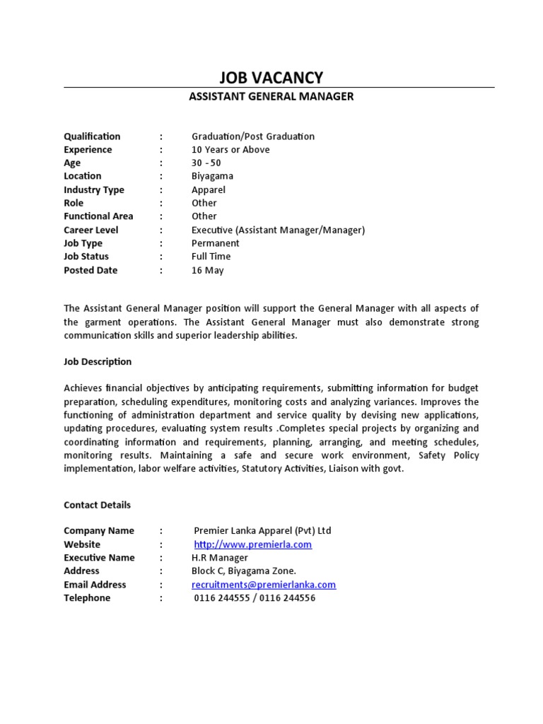 Job Vacancy: Assistant General Manager | PDF