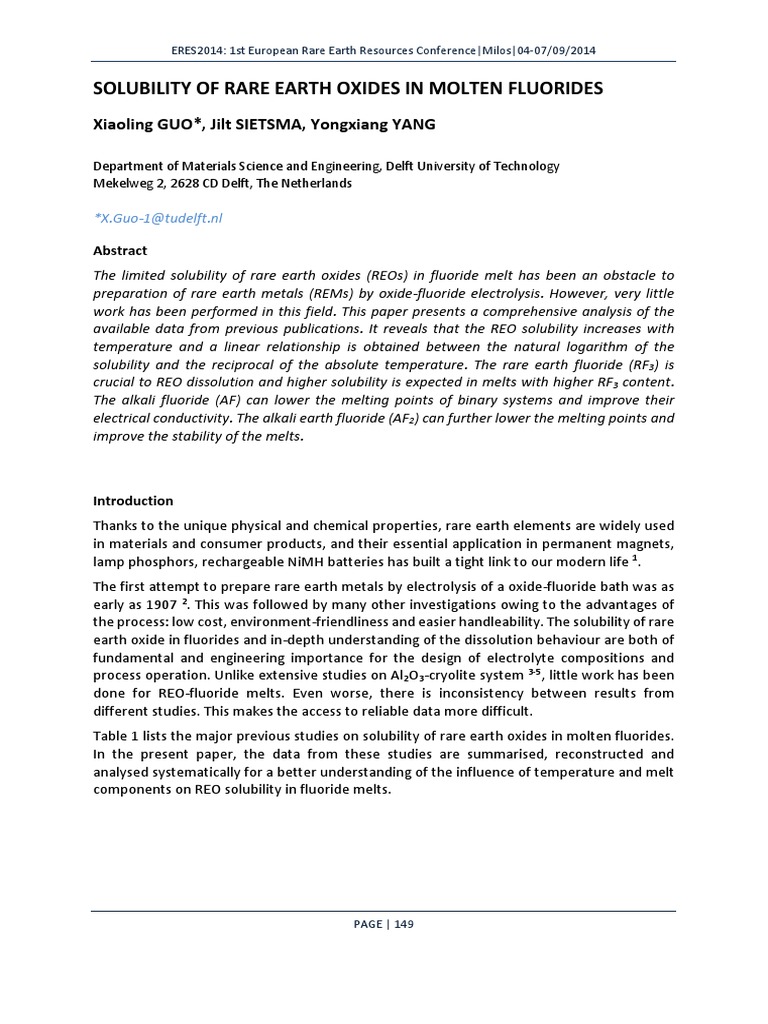 SOLUBILITY OF RARE EARTH OXIDES IN MOLTEN FLUORIDES XiaolingGuo | PDF ...