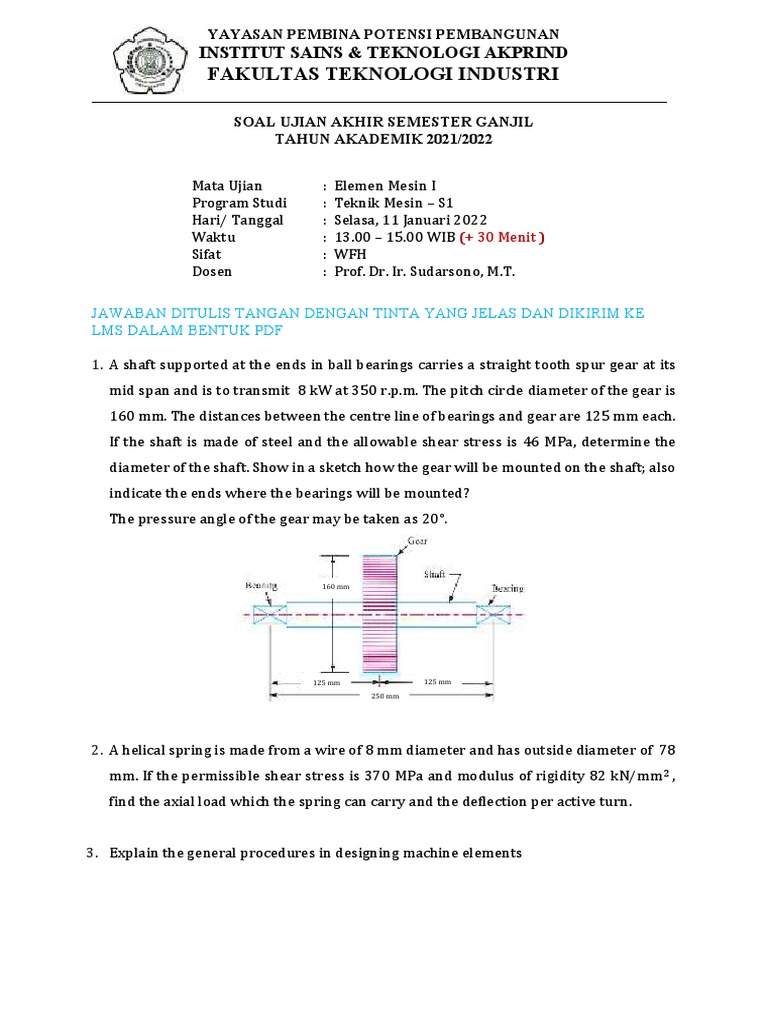 Soal Ujian Elemen Mesin I 2021 - 2022 | PDF