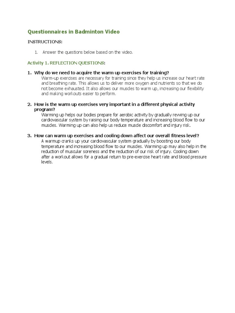 Questionnaires in Badminton Video | PDF | Self-Improvement