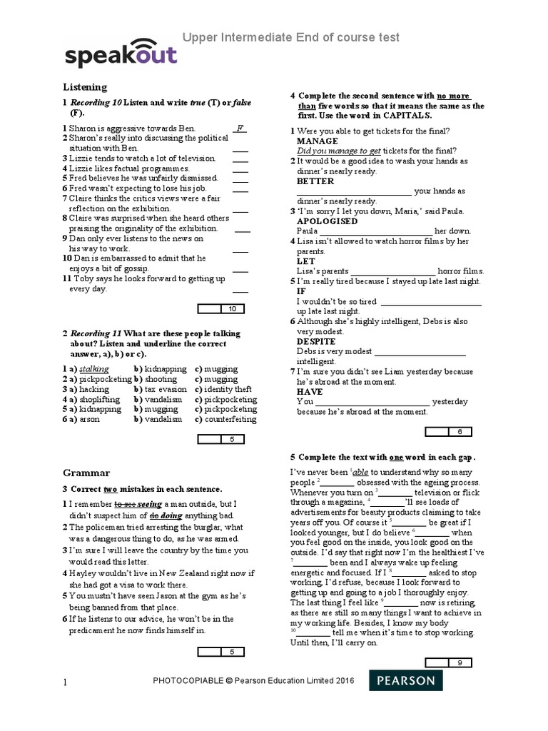 Upper Intermediate End of Course Test: Listening | PDF | Laughter | Robbery