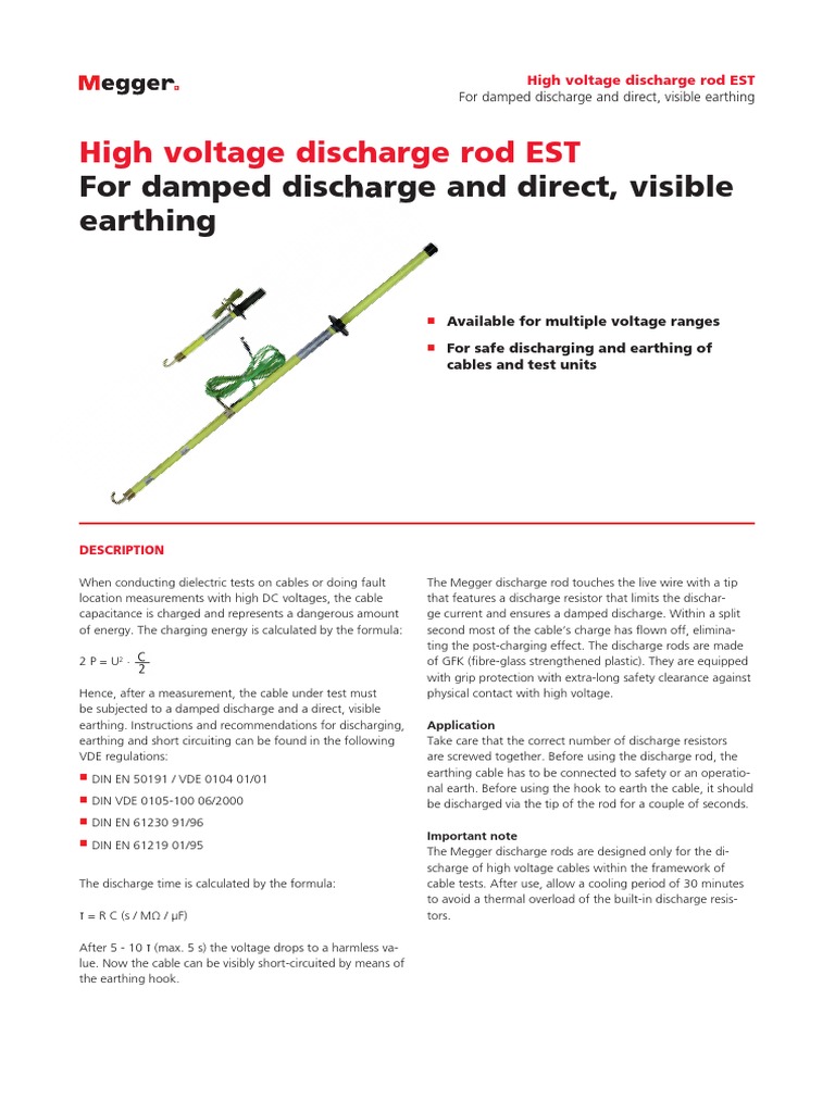 High Voltage Discharge Rod for Safe Dissipation of Cable Charges During ...