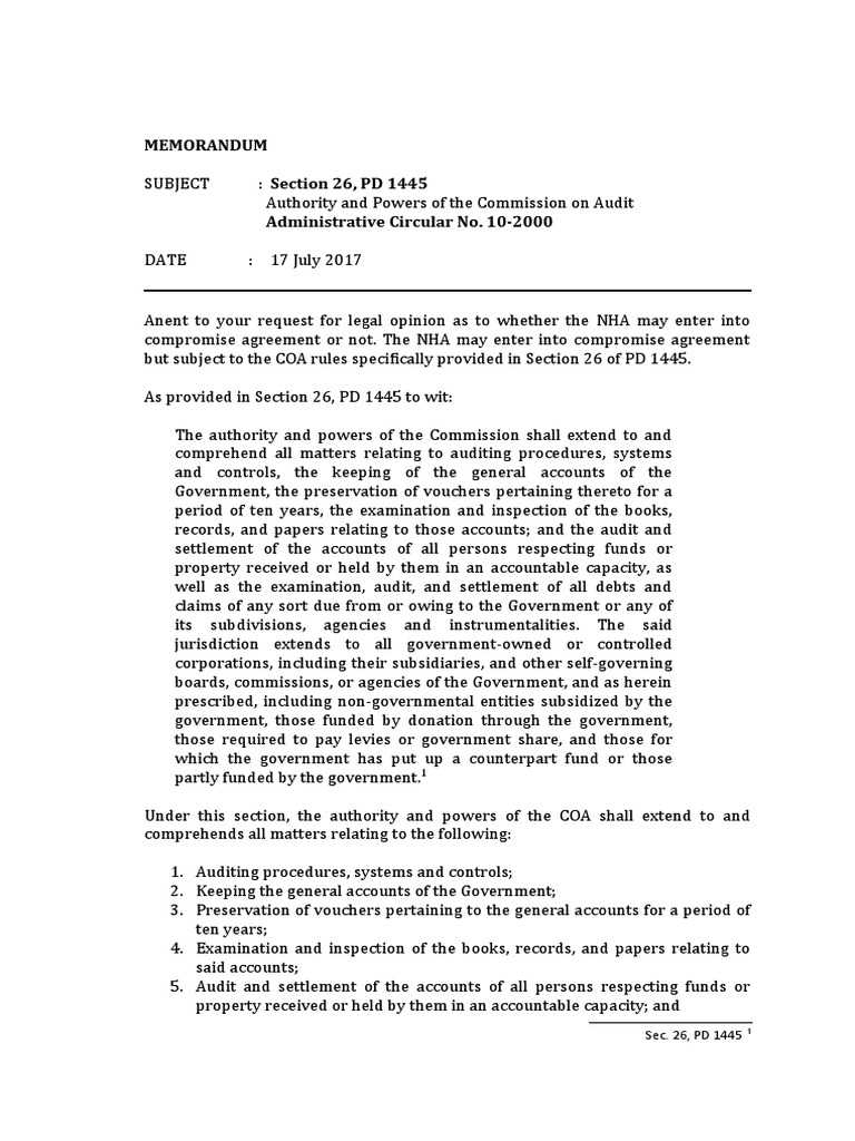 MEMORANDUM Section 26 pd1445 | PDF | Judgment (Law) | Audit