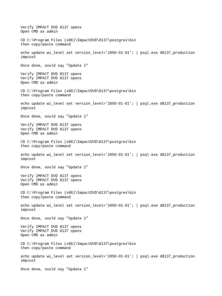 Step-by-step instructions for updating the version level in the IMPACT ...