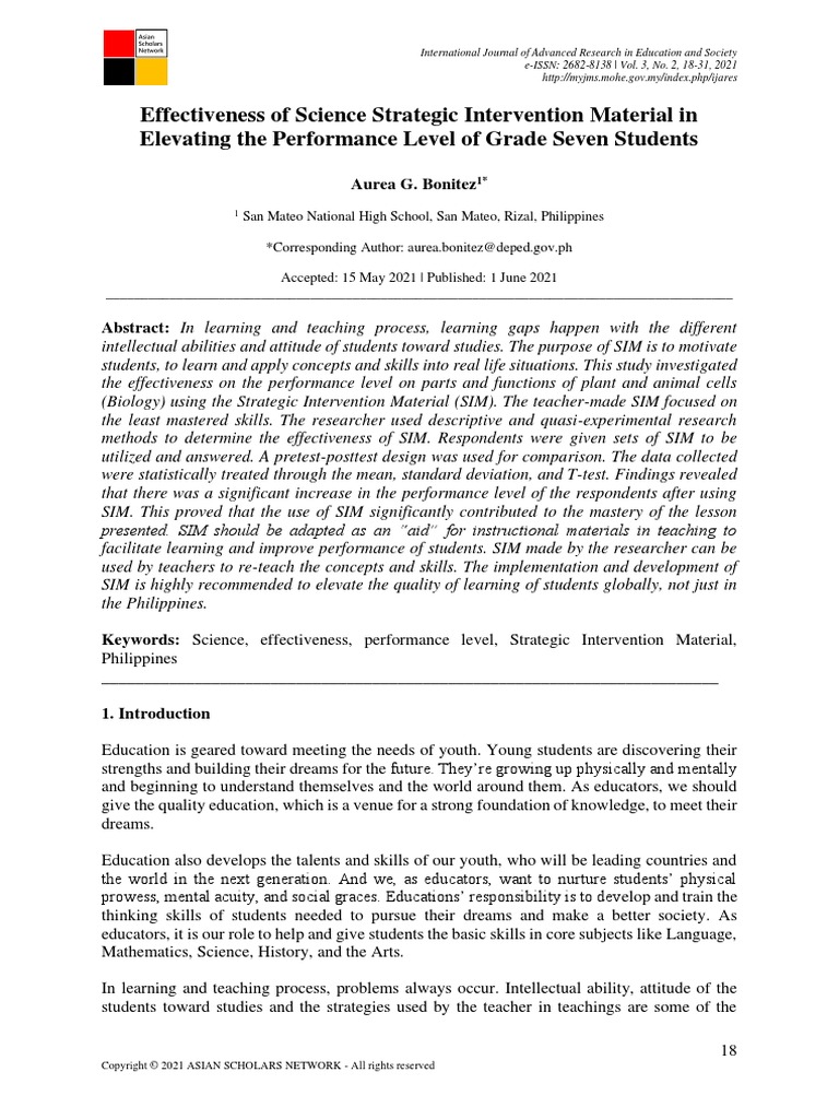 Effectiveness of Science Strategic Intervention Material in Elevating ...