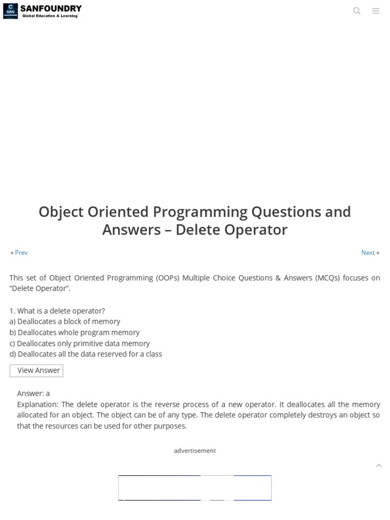 Object Oriented Programming Questions And Answers Delete Operator