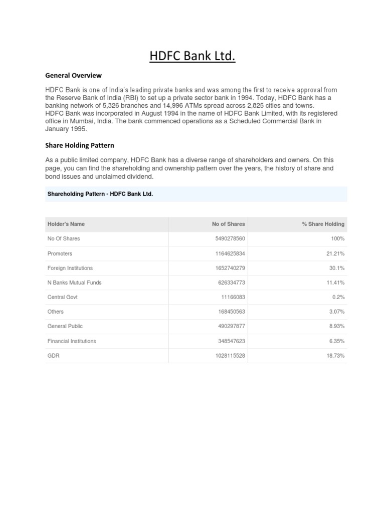 HDFC Bank LTD.: General Overview | PDF | Banks | Business
