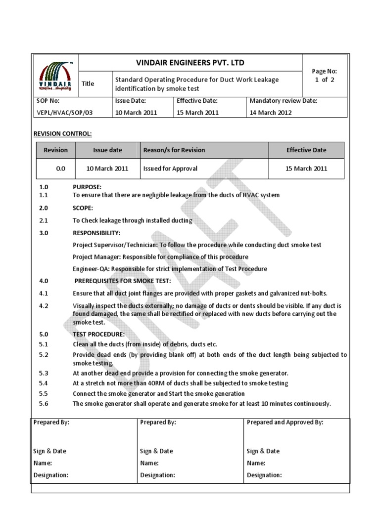 Vindair Sop For Duct Smoke Test | Duct (Flow)