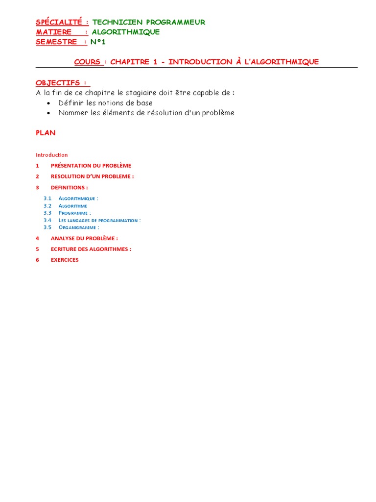 Chapitre 1 Introduction A L - Algorithmique | PDF | Programmation | Programme informatique