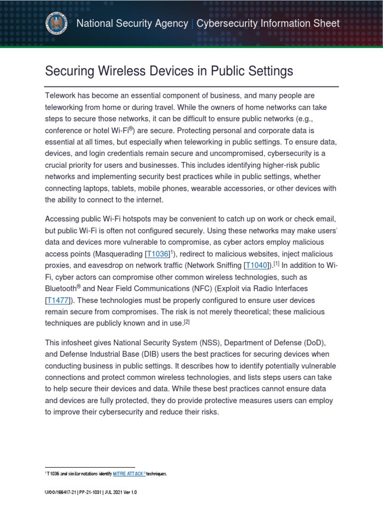 Securing Wireless Devices in Public Settings: National Security Agency Cybersecurity Information ...