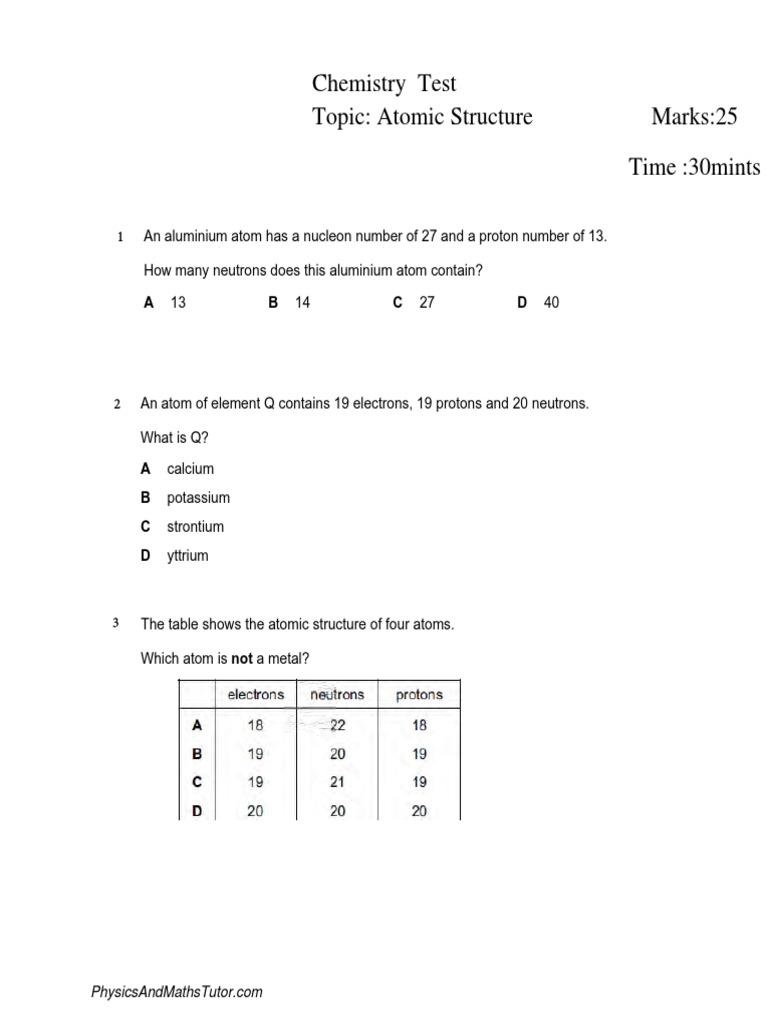 Atomic Structure Chemistry Test: Analyzing Particle Composition and ...