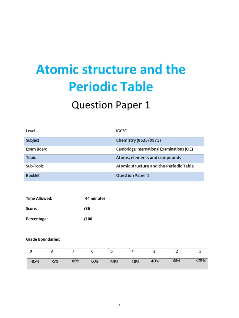 3 Atomic Structure and The Periodic Table Topic Booklet 1 CIE IGCSE ...