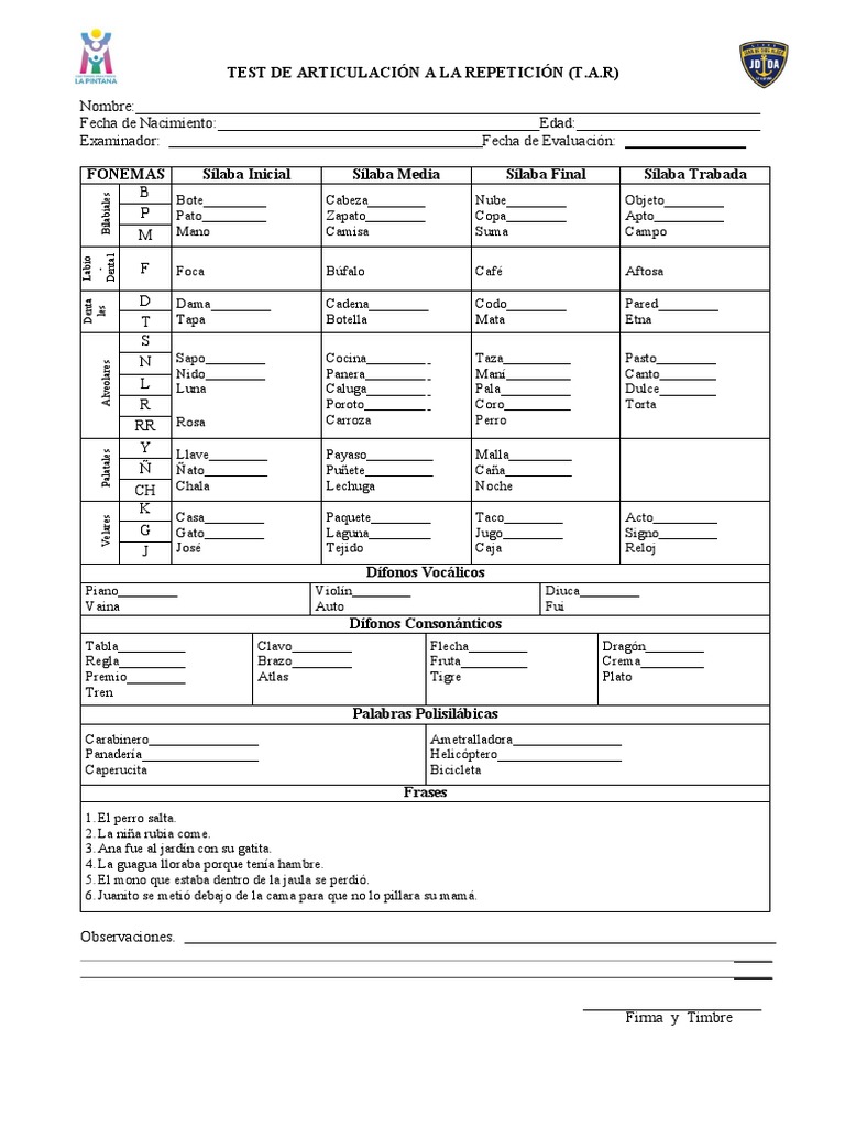 TAR Test de Articulación A La Repetición | PDF | Lingüística | Voz humana