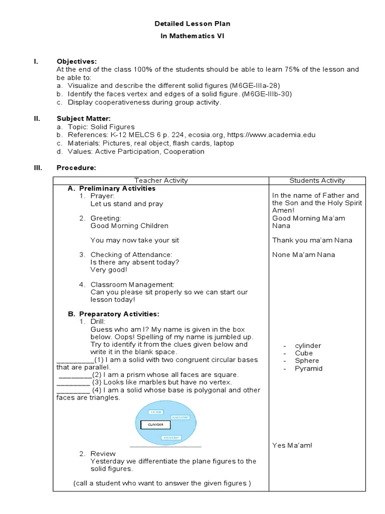 Solid Figures Lesson Plan for VI | PDF | Shape | Rectangle