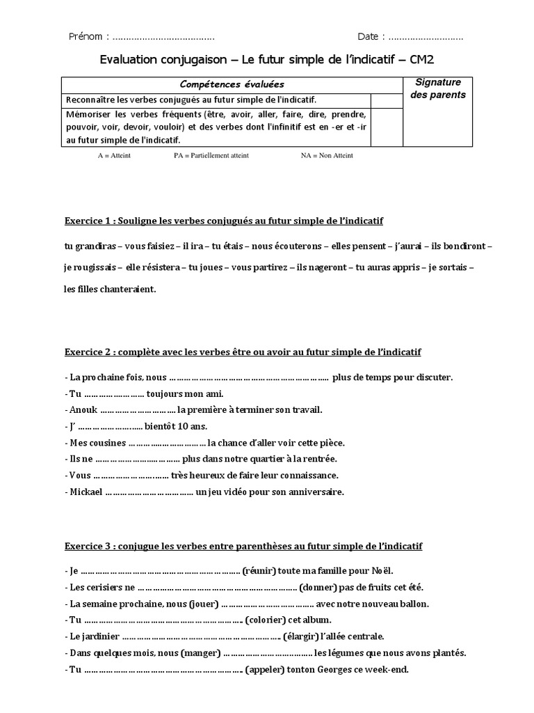Evaluation Conjugaison Futur Simple | PDF