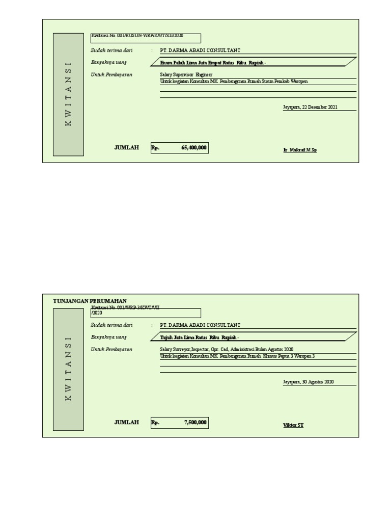 Payment receipts for construction consulting services in Waropen ...
