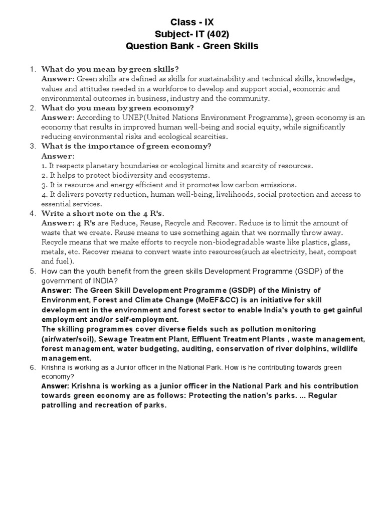 Class - IX Subject-IT (402) Question Bank - Green Skills: Answer | PDF ...