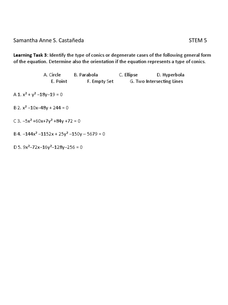 Activities-Identifying Conic Sections | PDF