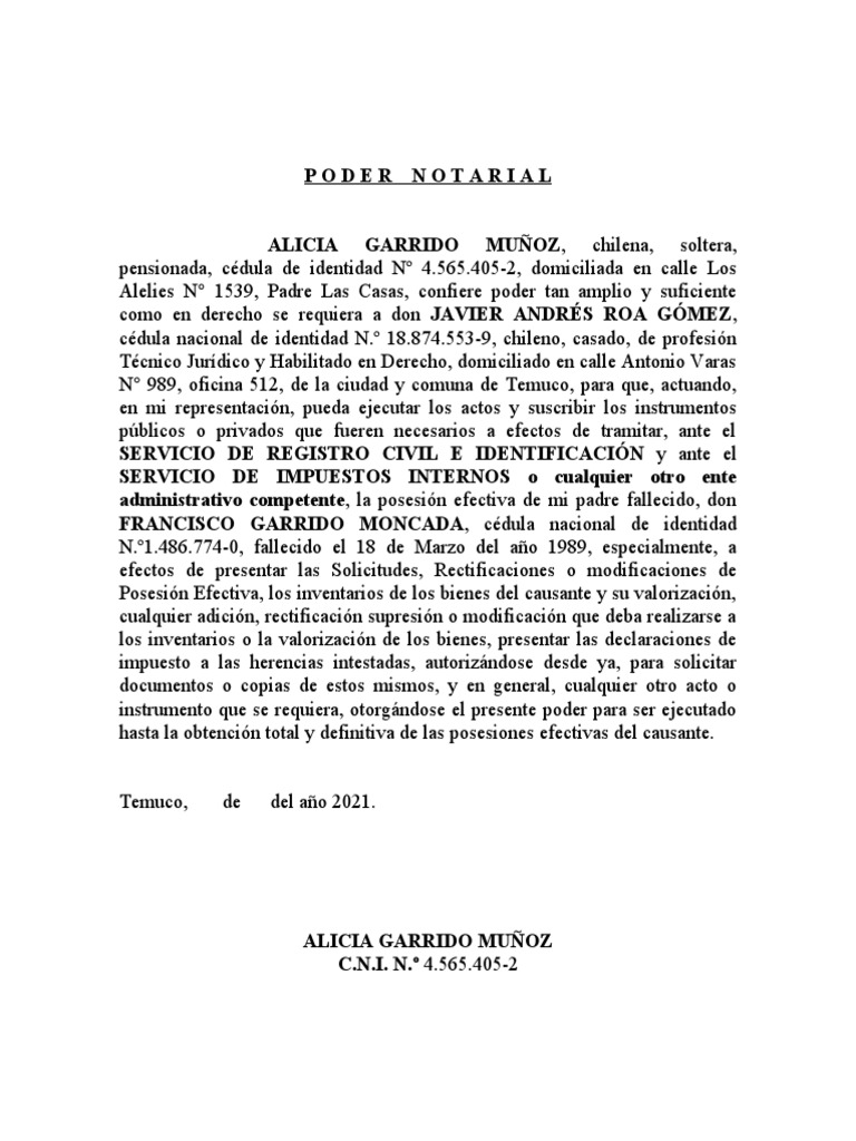 Poder Simple Notarial Alicia Garrido Muñoz A Javier Roa Gómez Posesión ...