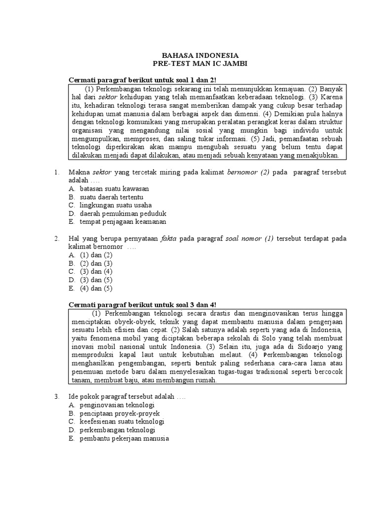 Pre-Test Bahasa Indonesia | PDF