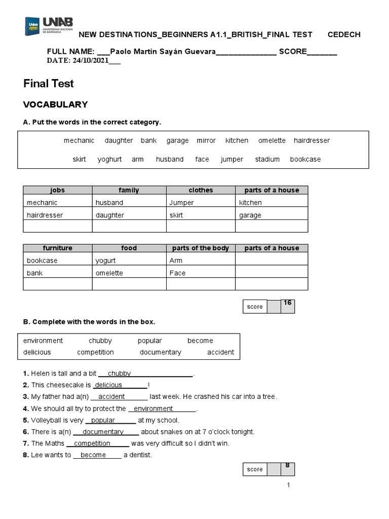 New Destinations Final Test Beginners - Group 68 | PDF