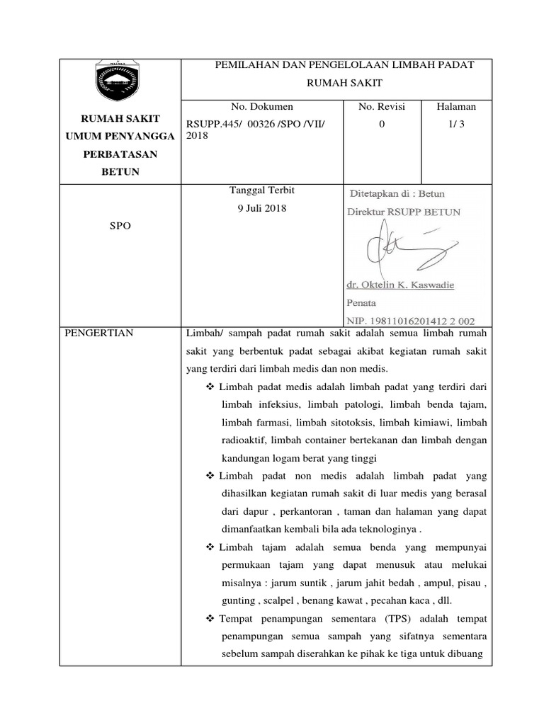 Spo Pengelolaan Limbah Padat Rs | PDF | Sains & Matematika