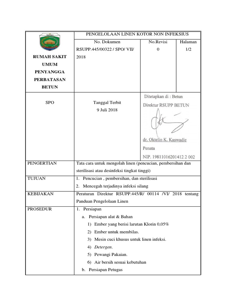 Spo Pengelolaan Linen Kotor Non Infeksius | PDF | Griya & Taman