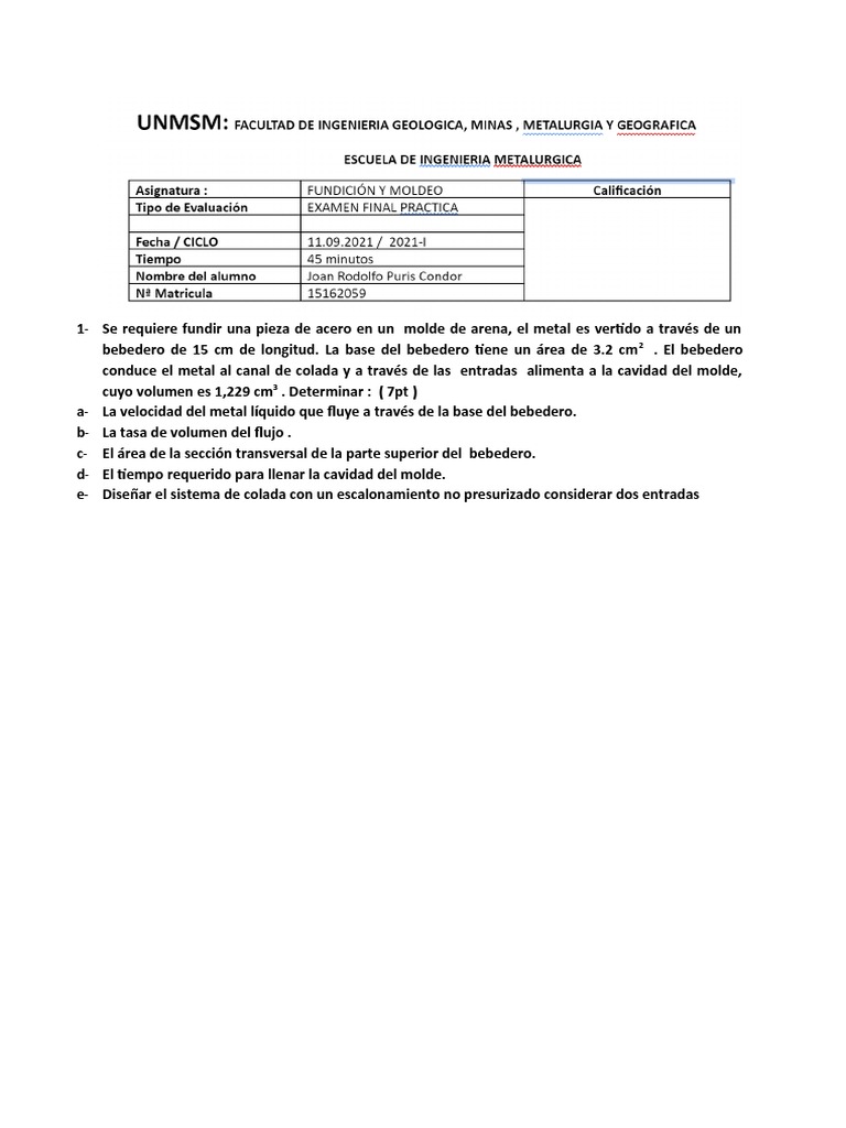JOAN RODOLFO PURIS CoNDOR - EXAMEN FINAL FUNDICIÓN PRACTICA | PDF