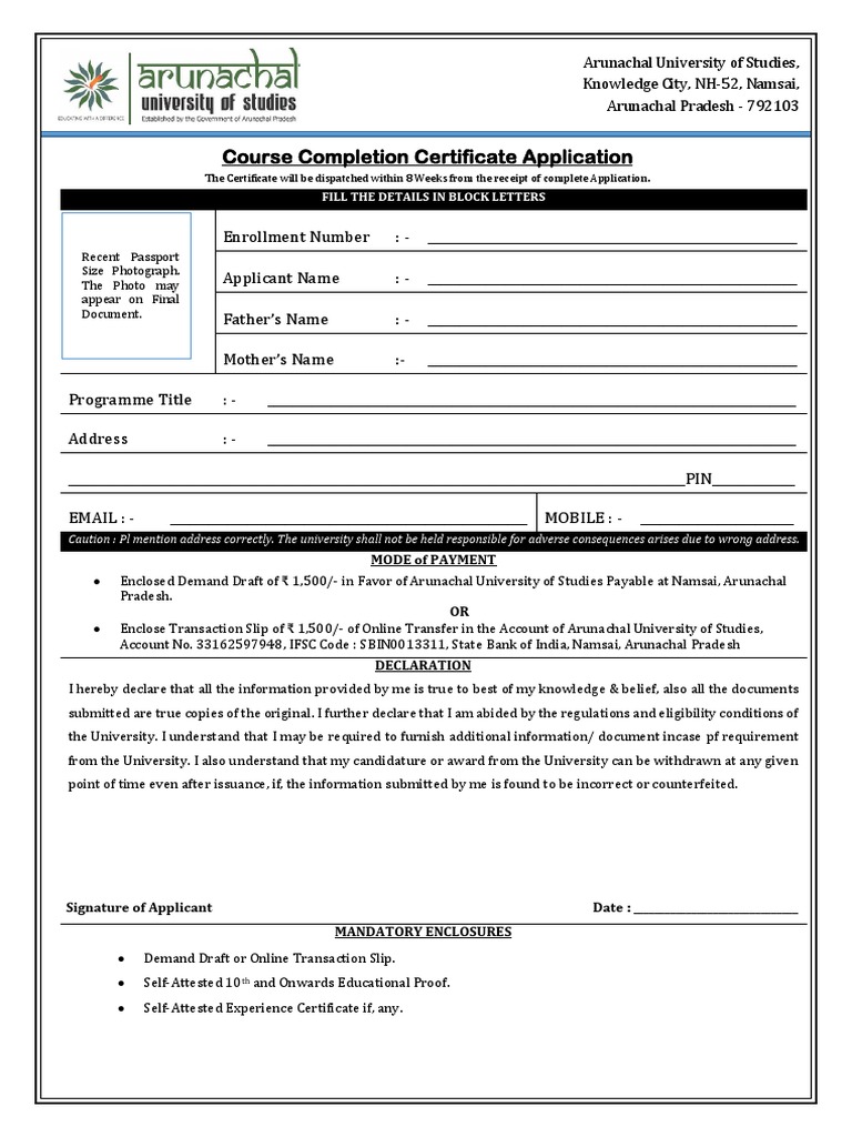 Application For Course Completion Certificate | PDF