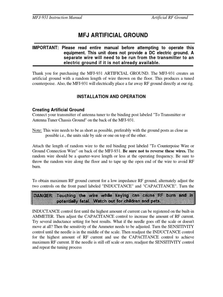 MFJ-931 Instruction Manual Artificial RF Ground | PDF | Antenna (Radio ...