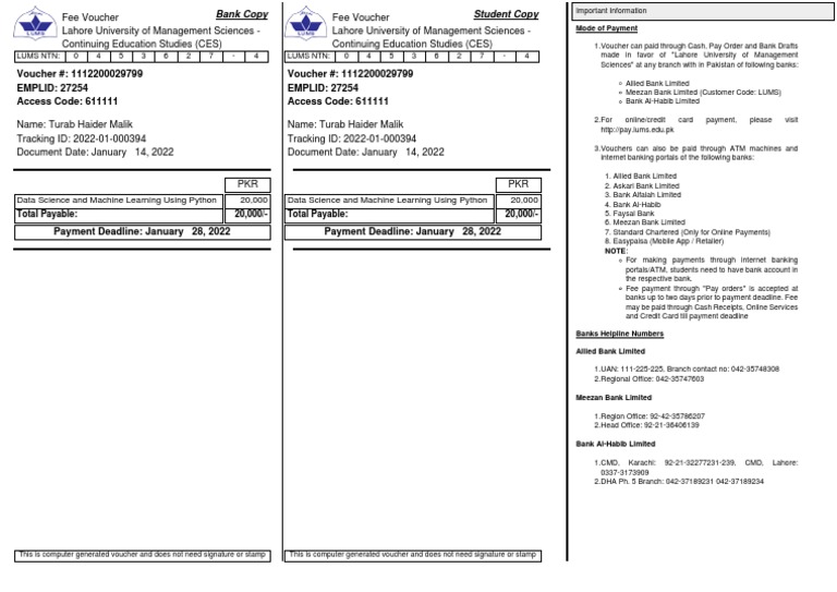 Lums Fee Voucher | PDF | Voucher | Banks