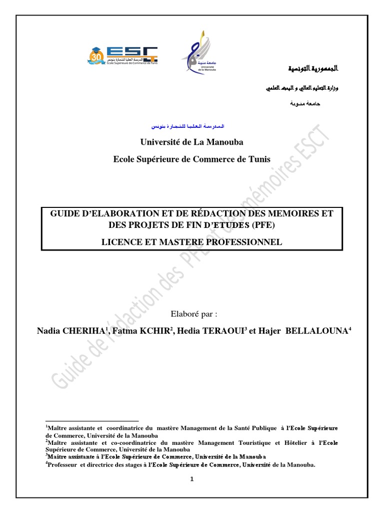 Guide de Redaction Des Memoires Et Des Pfe Licence Et Mastere Professionnel Esct Universite de ...