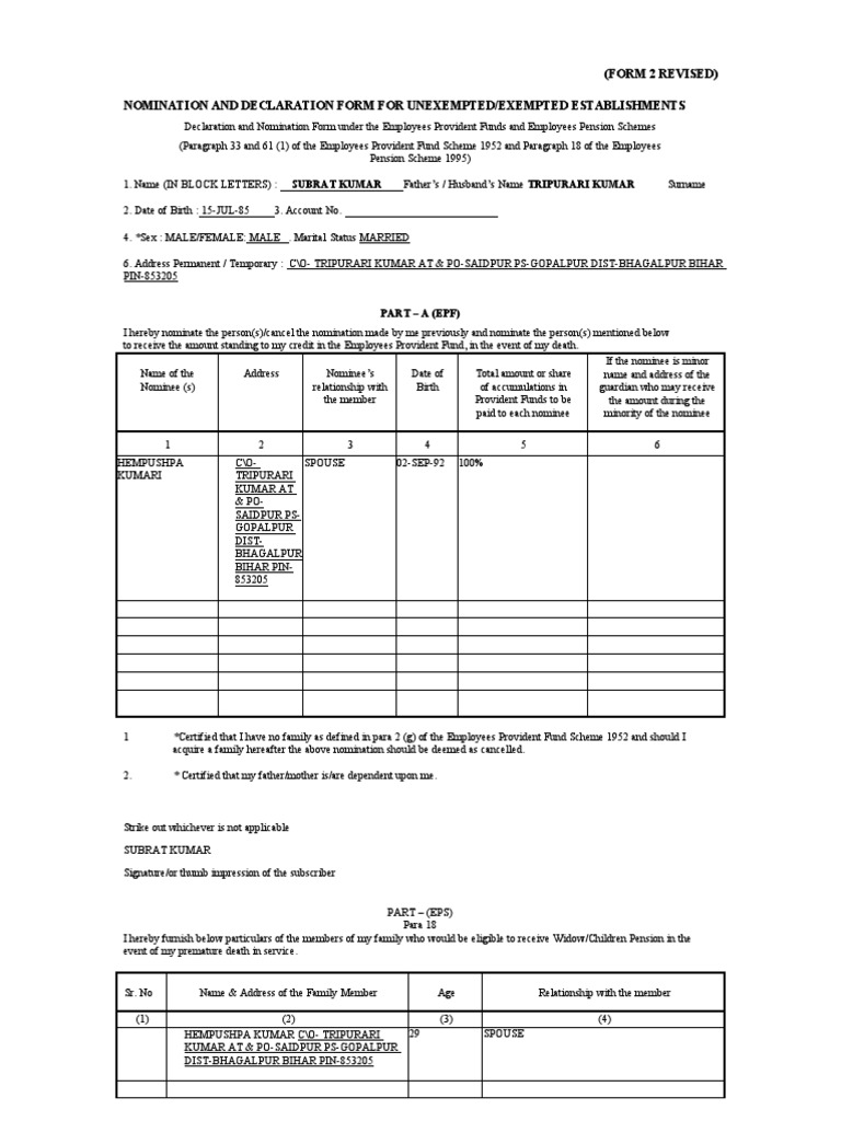 (Form 2 Revised) Nomination and Declaration Form For Unexempted ...