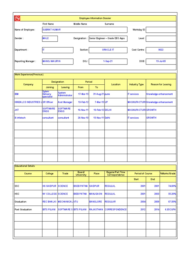 Employee Joining Form - Template | PDF
