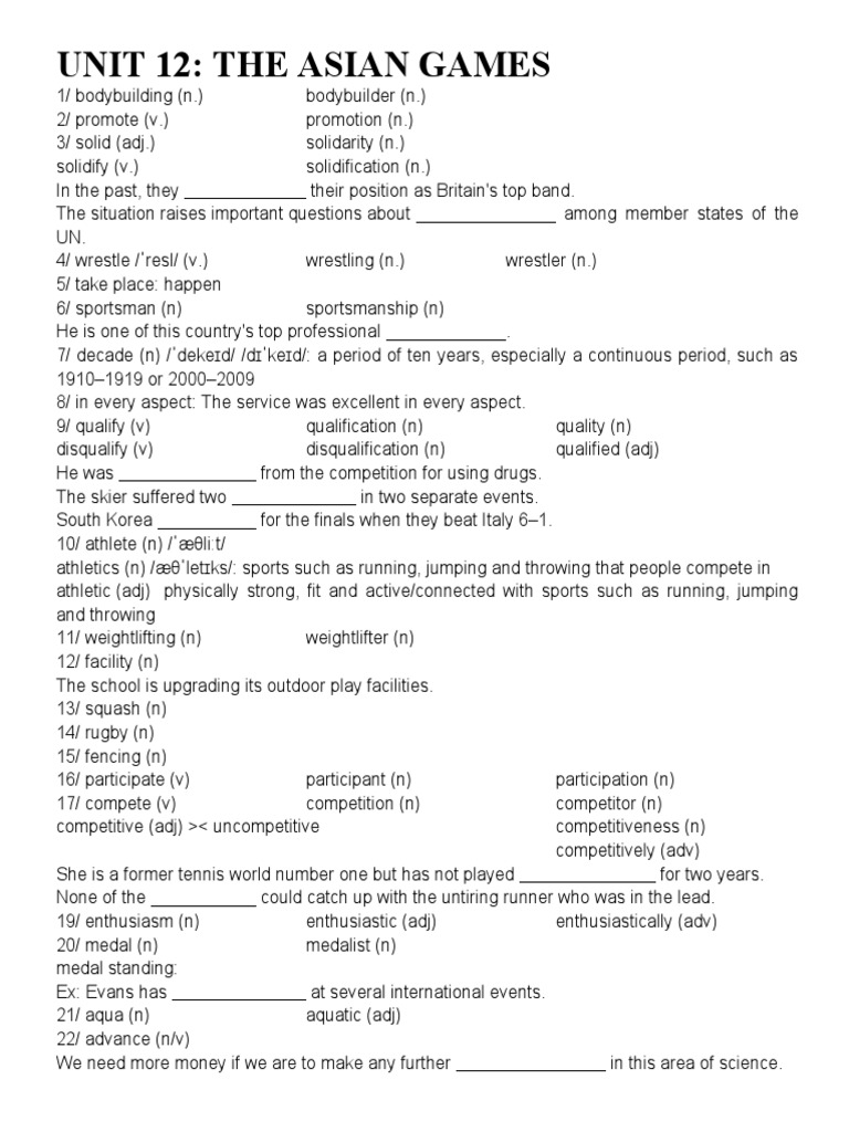 WORD FAMILY UNIT 12 Grade 11 | PDF | Sports | Recreation