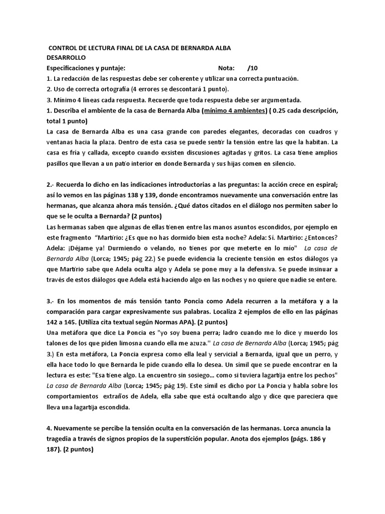 Control de Lectura Final de La Casa de Bernarda Alba | PDF | Ficción ...