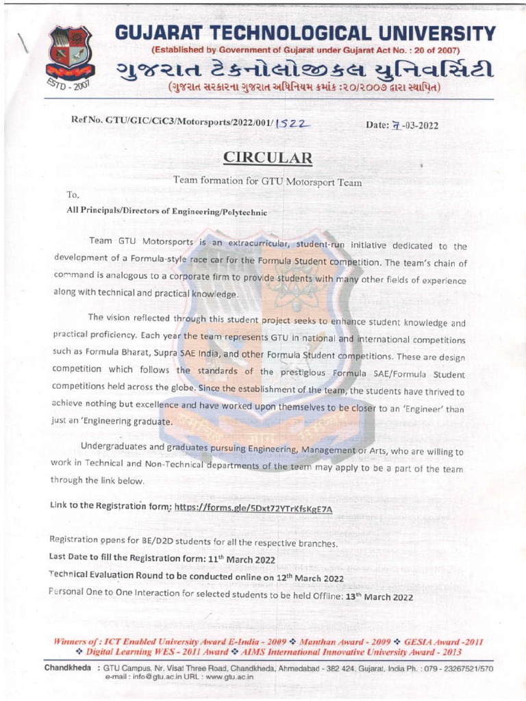 Circular - Team Formation For GTU Motorsport Team - 606518 | PDF