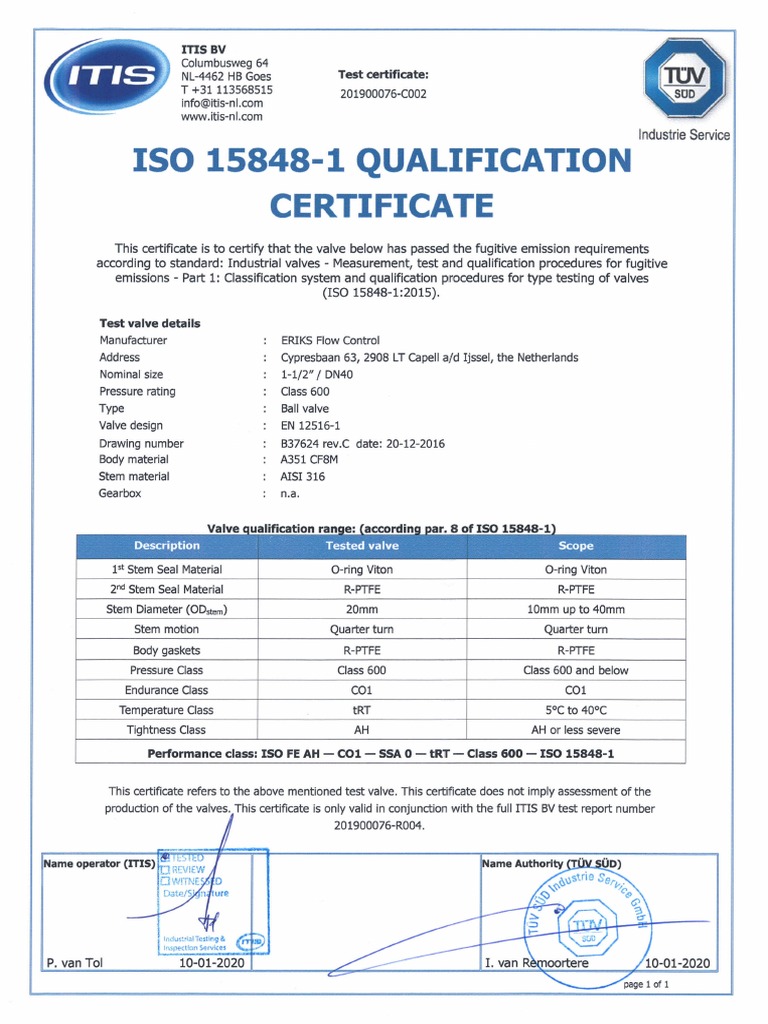 Econ Premium Fe-Test Certificate Iso 15848-1 Co1 - Co3 and Ta-Luft-Rt ...