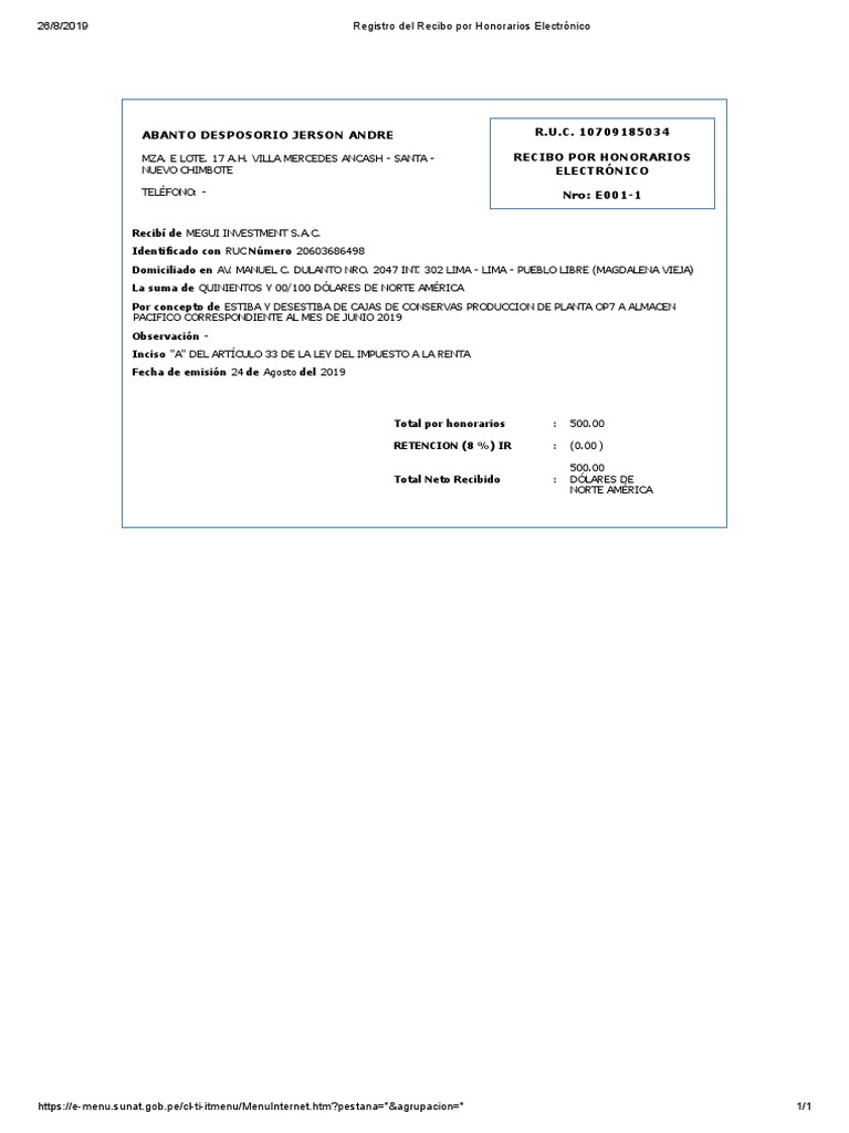 Abanto Desposorio Jerson Andre R.U.C. 10709185034 Recibo Por Honorarios ...