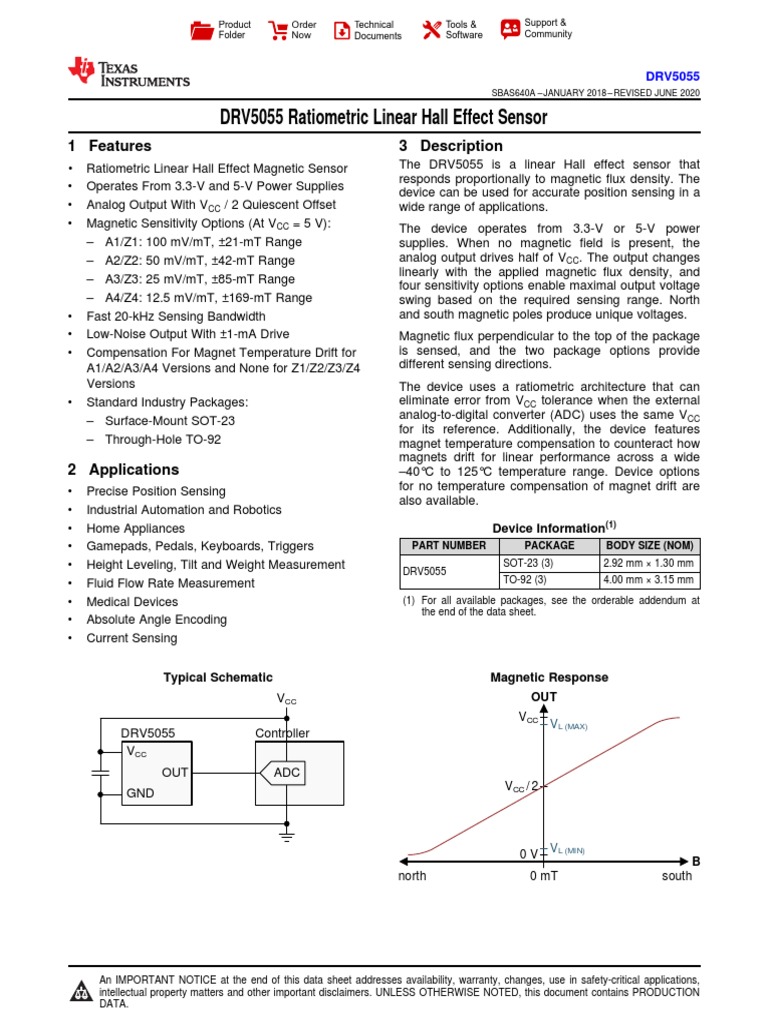 DRV5055 Ratiometric Linear Hall Effect Sensor: 1 Features 3 Description ...