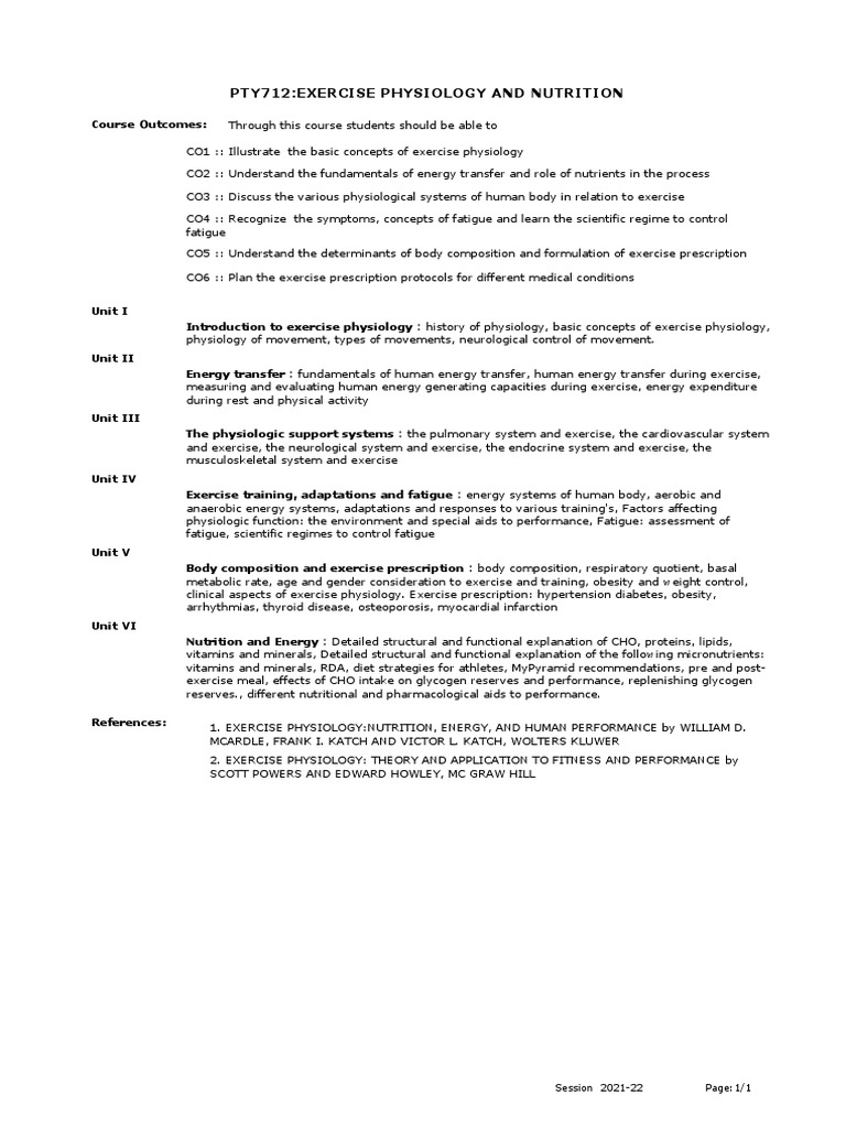 Exercise Physiology and Nutrition Syllabus | PDF