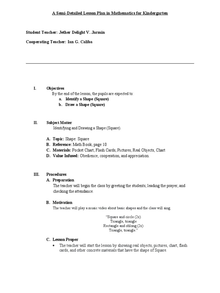 A Semi-Detailed Lesson Plan in Mathematics For Kindergarten | PDF